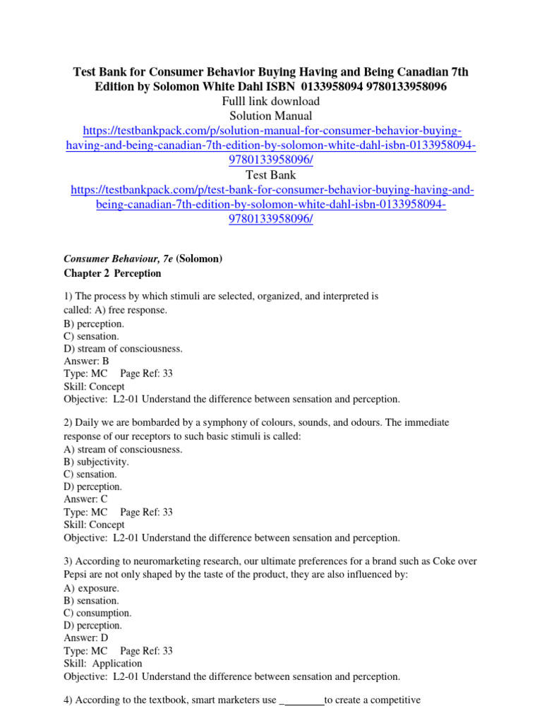 Test Bank For Consumer Behavior Buying Having and Being Canadian 7th ...