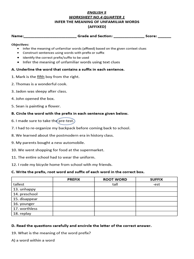 English 5 Worksheet No.4-Quarter 1-Affixes | PDF | Languages | Foreign Language Studies