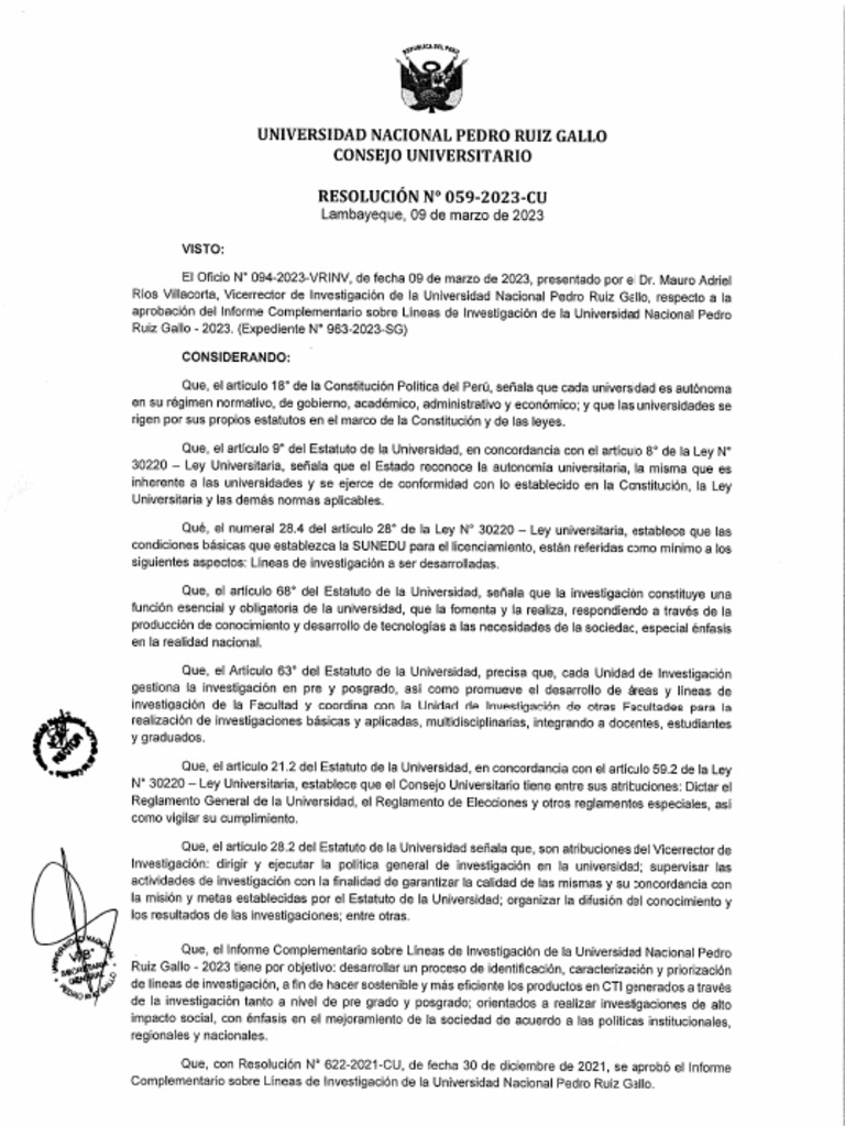 RESOLUCION #059-2023-CU. Informe Complementario Líneas de Investigación | PDF