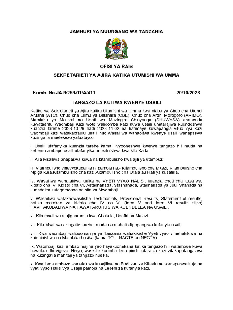 20232010022354tangazo La Kuitwa Kwenye Usaili Arimo, Cbe, Atc Na Shuwasa | PDF