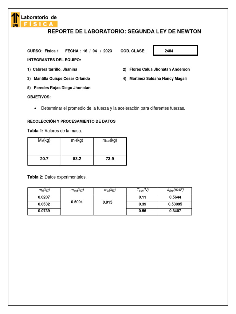Reporte Lab Fisi1 S03 2l Segunda Ley Newton Pdf Masa Fuerza