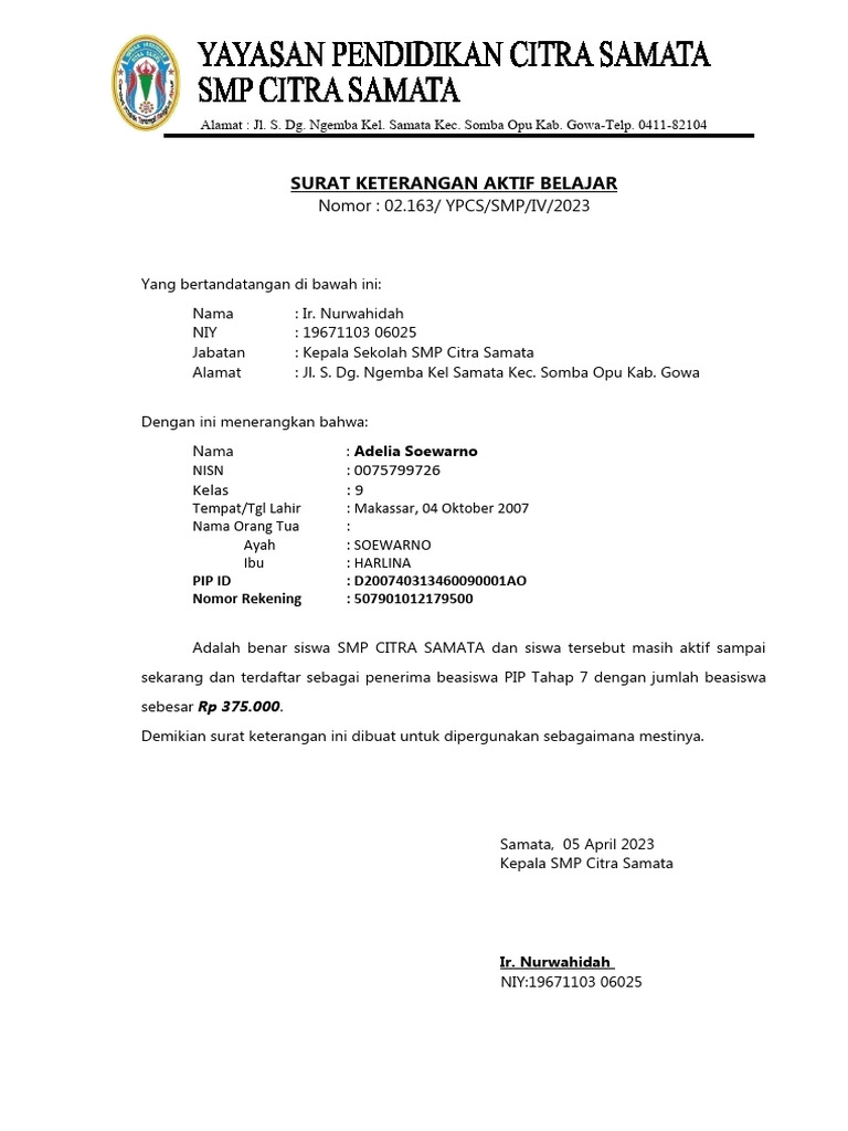 Contoh Surat Keterangan Aktif Belajar | PDF