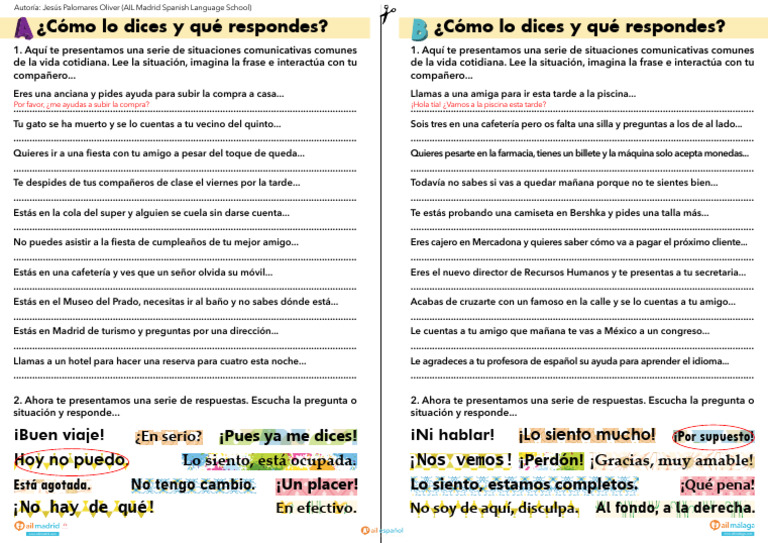 Ejercicio Ele Expresion Oral Reaccionar Espanol A1 | PDF