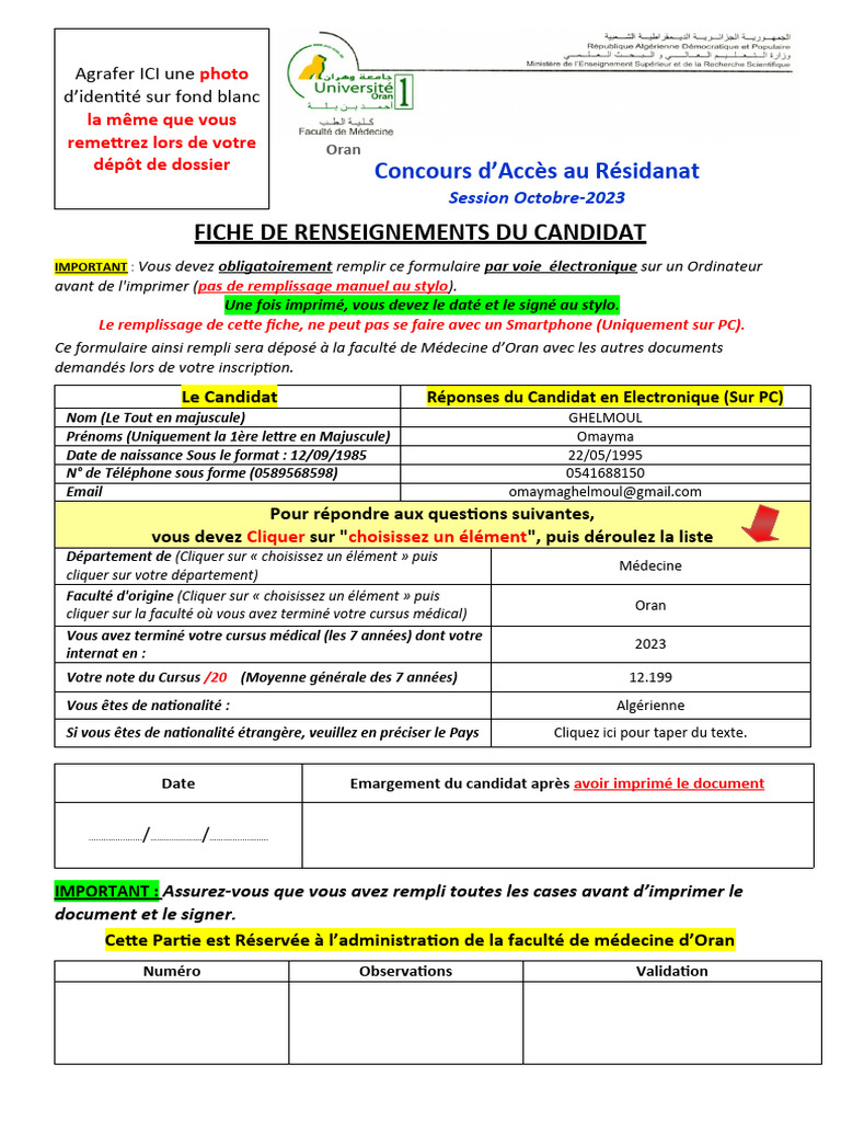 3-Fiche de Renseignement Du Candidat | PDF