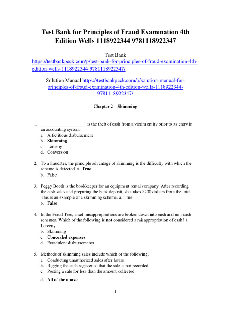 Test Bank For Principles of Fraud Examination 4th Edition Wells ...