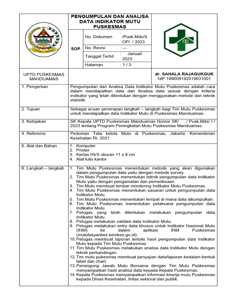 EP 1 SOP Pengumpulan Data Indikator Mutu | PDF