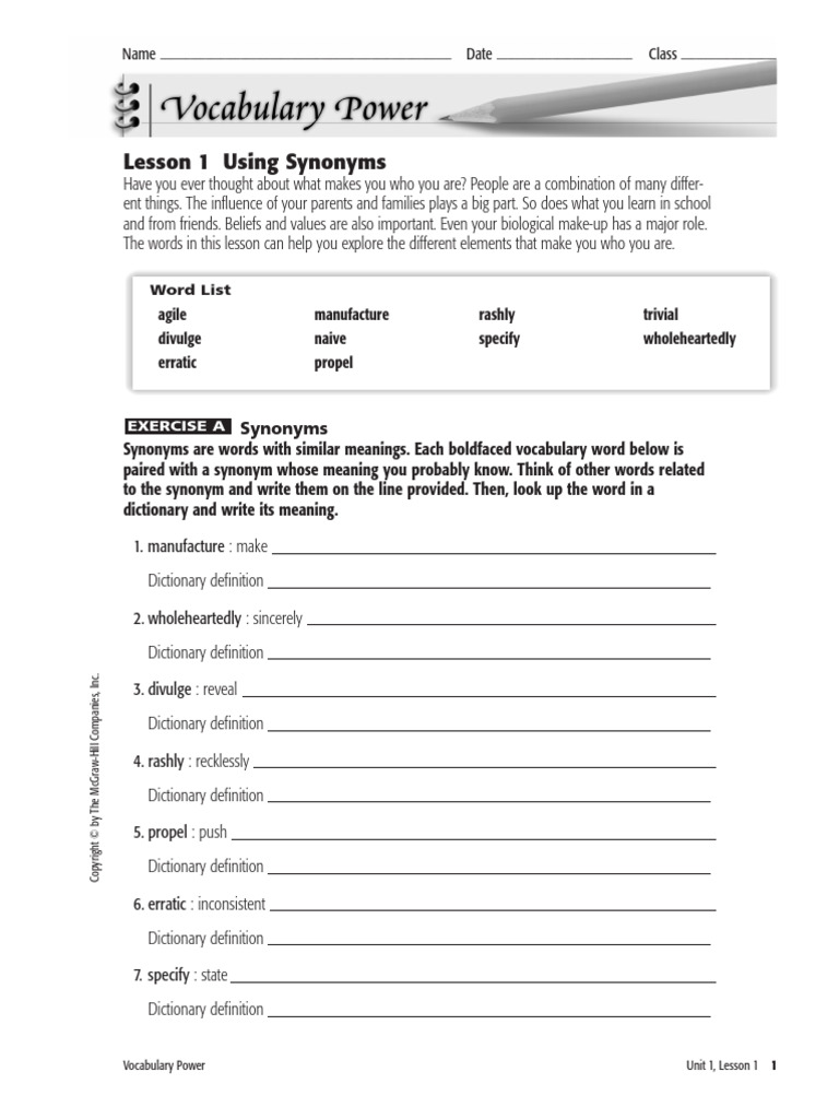 vocabulary power workbook-7th grade lesson 1 | PDF