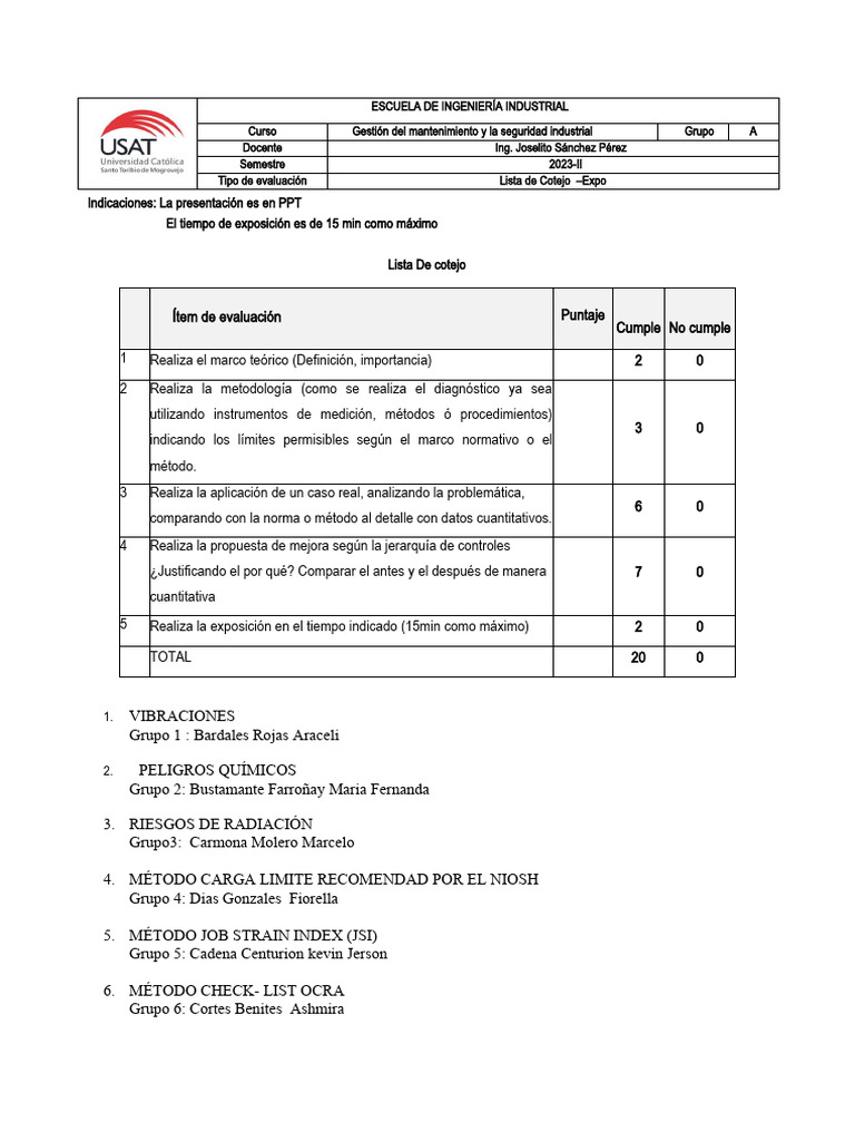 Lista de Cotejo (Expo) GA 2023-II | PDF