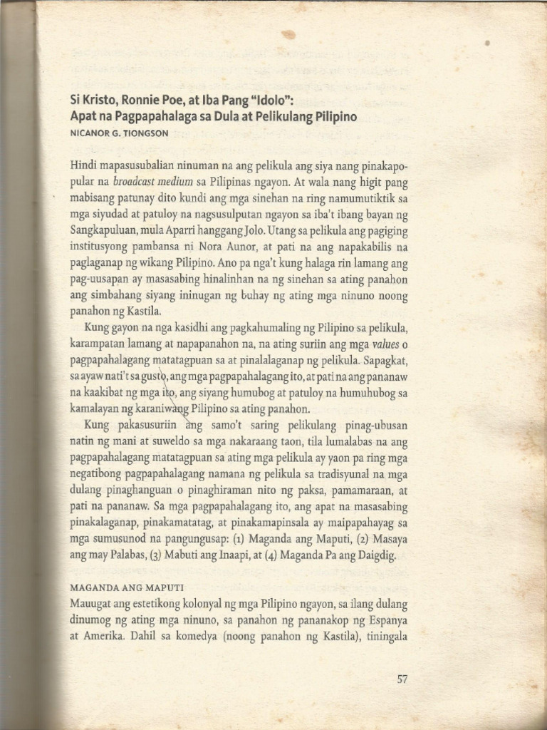 Apat Na Pagpapahalaga Sa Dula at Pelikulang Pilipino Nicanor | PDF