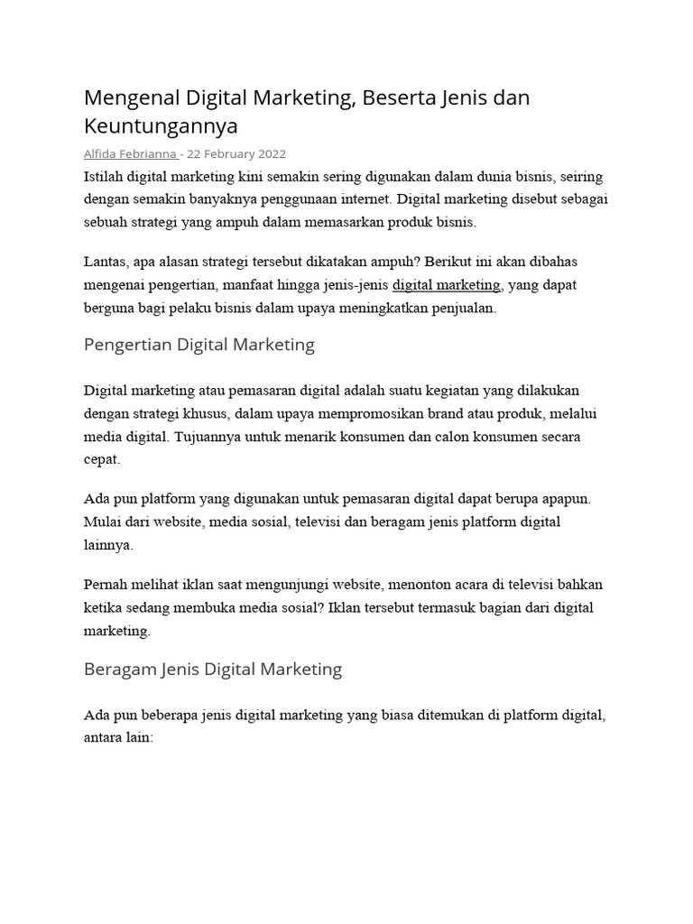 Mengenal Digital Marketing Beserta Jenis Dan Keuntungannya | PDF Mengenal Digital Marketing Beserta Jenis Dan Keuntungannya | PDF