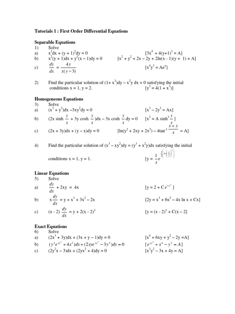 Tutorials 1 | PDF | Ordinary Differential Equation | Equations Tutorials 1 | PDF | Ordinary Differential Equation | Equations