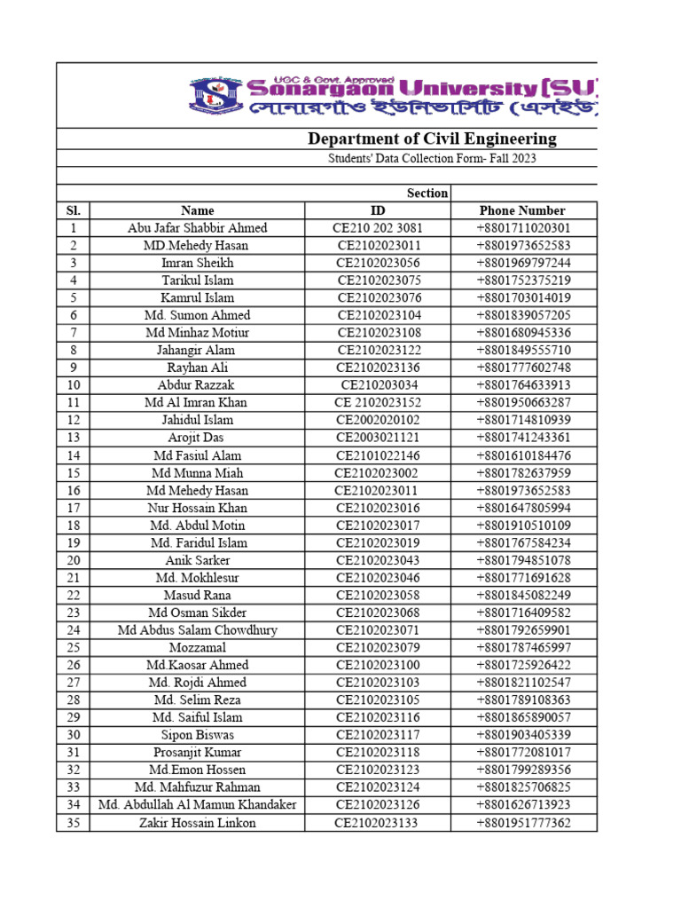 Department of Civil Engineering: Students' Data Collection Form-Fall 2023 | PDF