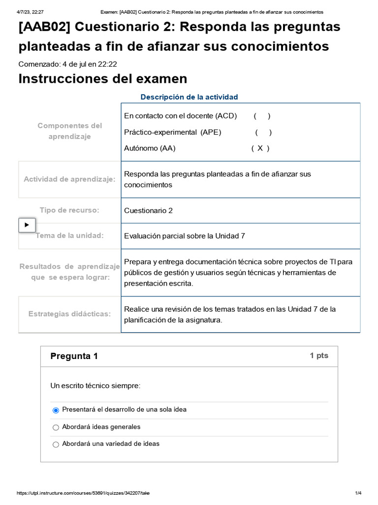 Examen - (AAB02) Cuestionario 2 - Responda Las Preguntas Planteadas A Fin de Afianzar Sus ...
