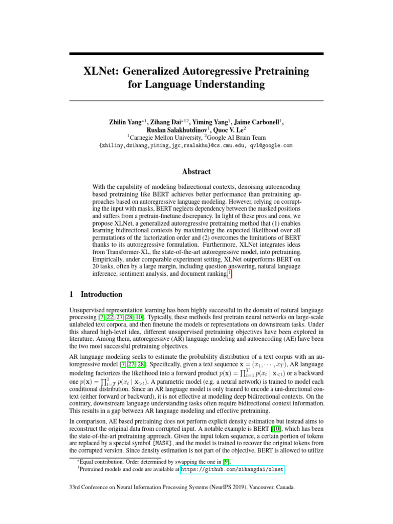 NeurIPS 2019 Xlnet Generalized Autoregressive Pretraining For Language Understanding Paper | PDF