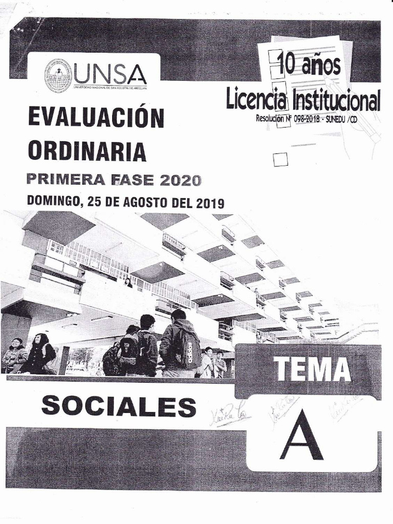 Examen de Admisión Ordinario UNSA 2020 Fase I - Sociales | PDF