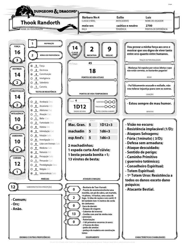 Ficha Thook Randorth | PDF