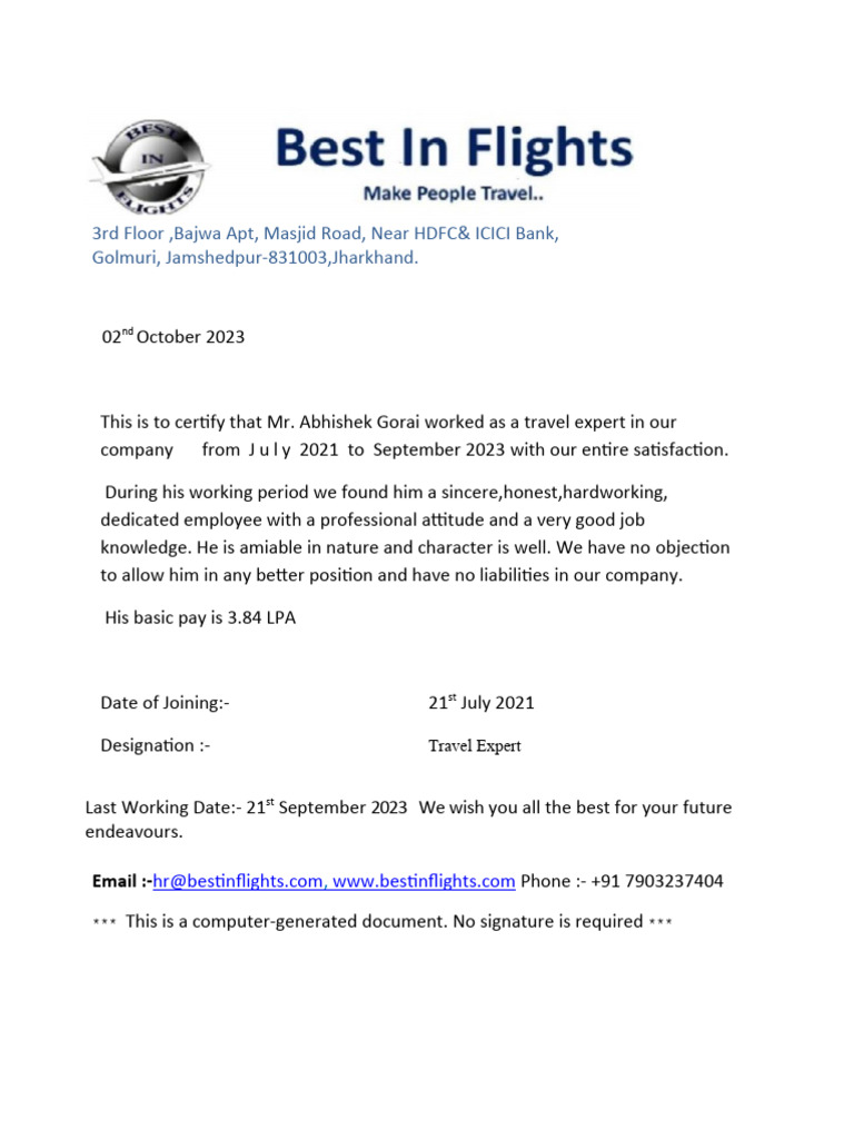 Abhishek Gorai Experience Letter | PDF