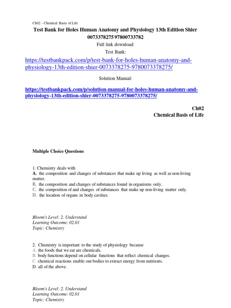 Test Bank For Holes Human Anatomy and Physiology 13th Edition Shier ...