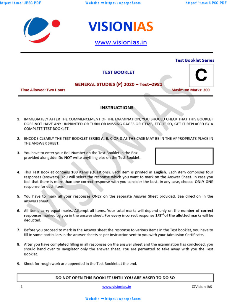 Vision IAS Prelims 2020 Test 19 Question Hindi | PDF