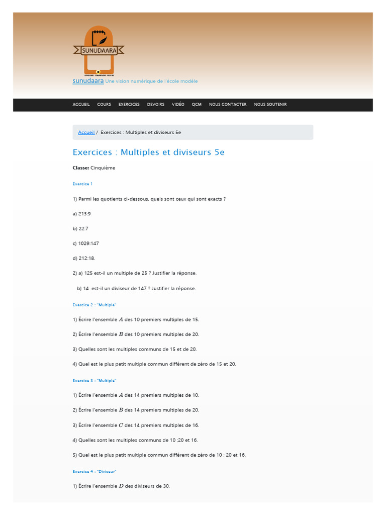 Exercices Multiples Et Diviseurs 5e Sunudaara | PDF