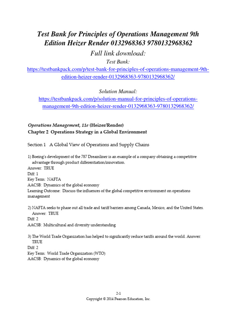 Test Bank For Principles of Operations Management 9th Edition Heizer ...