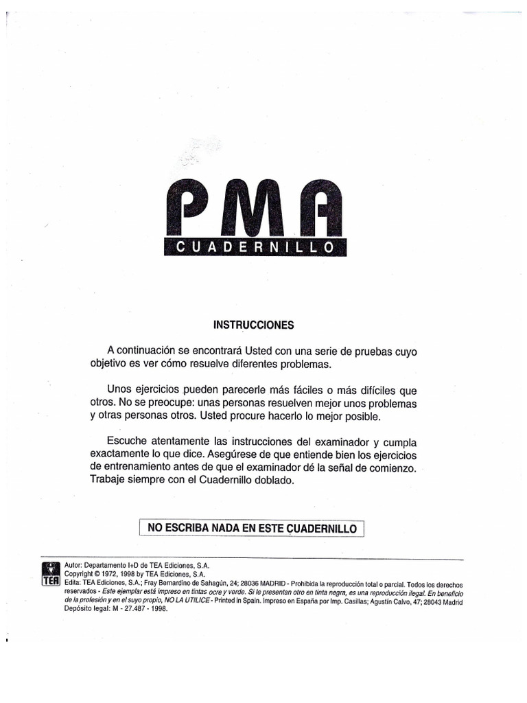01 TEST PMA - Cuadernillo de Instrucciones | PDF