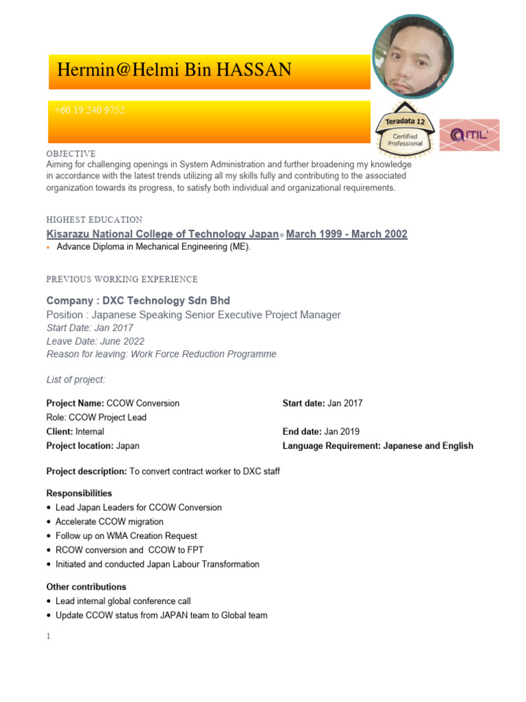 Hermin@Helmi Bin Hassan Resume 23 Sep 2022 | PDF
