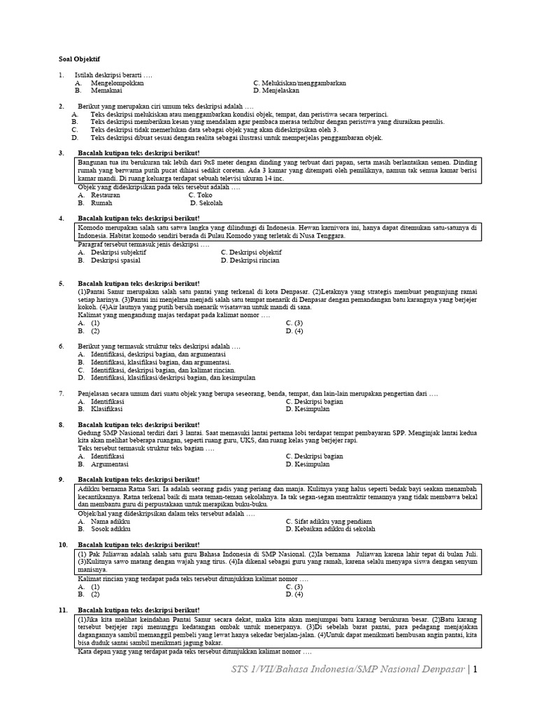 Soal Objektif Bahasa Indonesia SMP VII | PDF