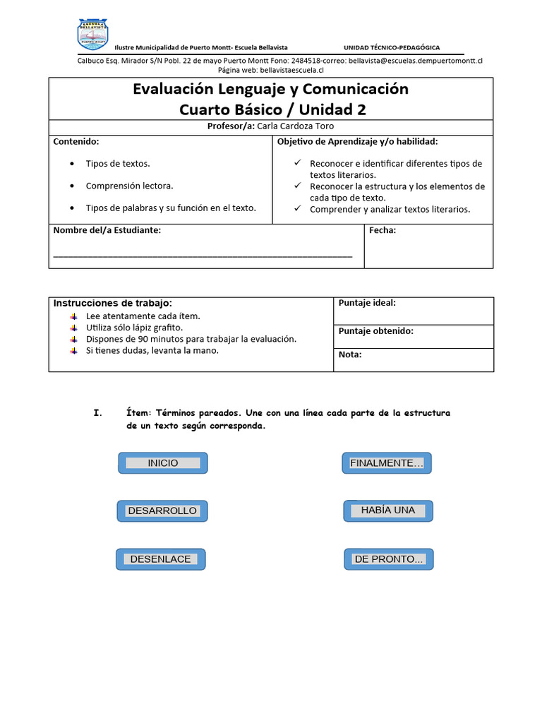 4° BÁSICO - PRUEBA DE LENGUAJE - UNIDAD 2 | PDF
