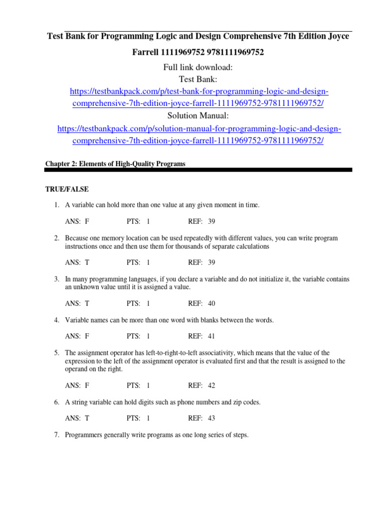 Test Bank For Programming Logic and Design Comprehensive 7th Edition ...