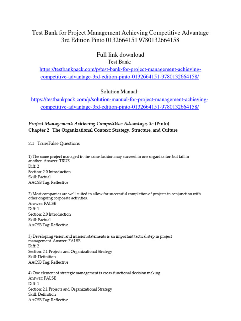 Test Bank For Project Management Achieving Competitive Advantage 3rd ...