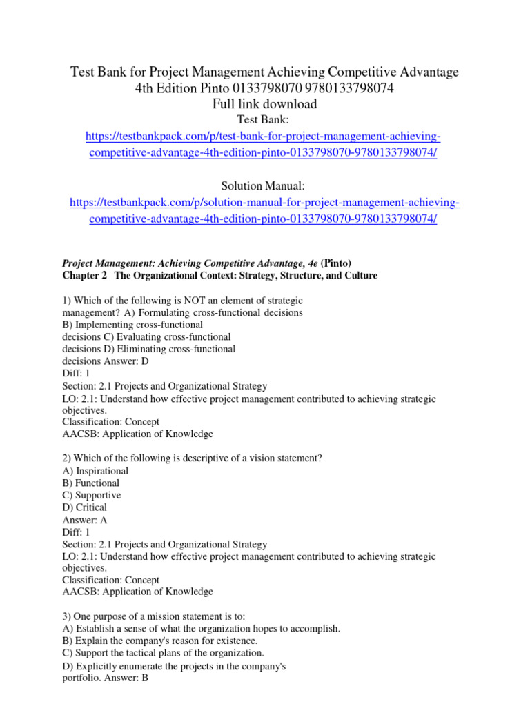 Test Bank For Project Management Achieving Competitive Advantage 4th ...