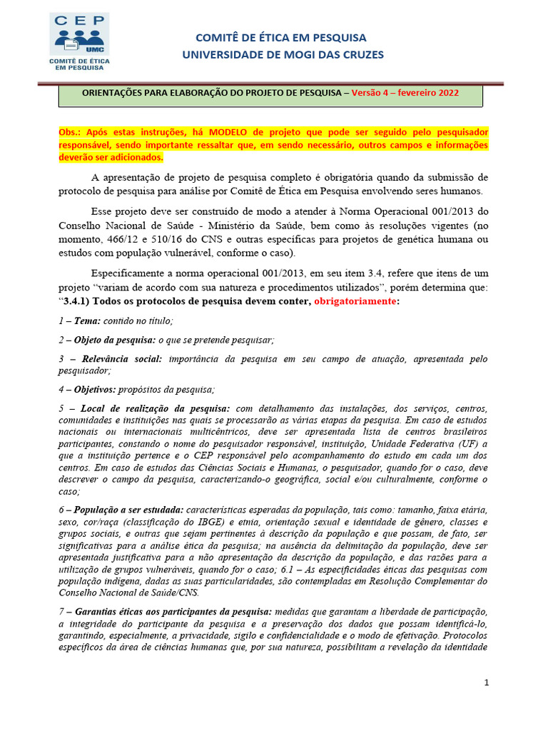 1 Modelo de Projeto Pesquisa Cep Umc Versão Fevereiro 2022 | PDF