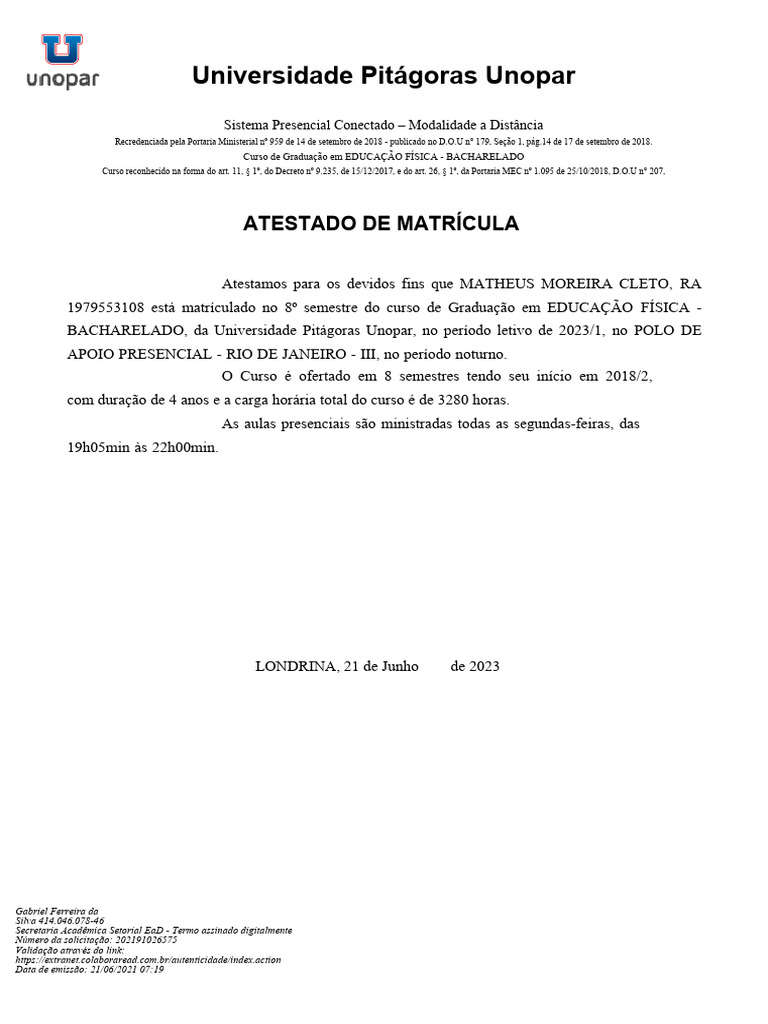 Atestado de Matricula Matheus Moreira Cleto | PDF Atestado de Matricula Matheus Moreira Cleto | PDF