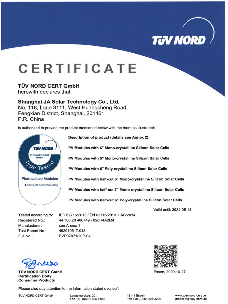 JAM60S21MR EN JA Solar IEC 62716 Ammonia Certificate | PDF