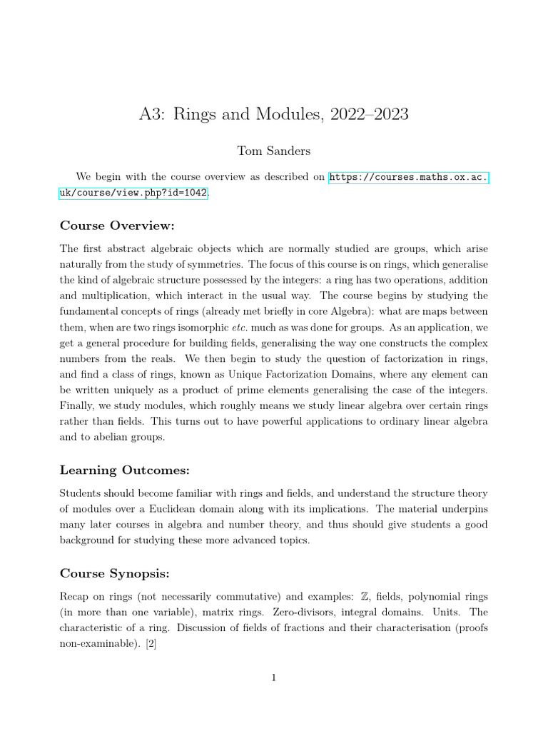Algebra: Rings & Modules Course | PDF