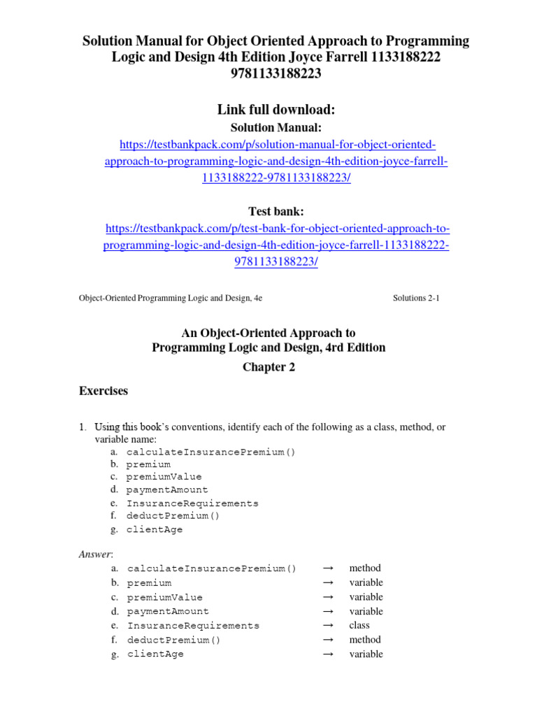 Solution Manual For Object Oriented Approach To Programming Logic and Design 4th Edition Joyce ...