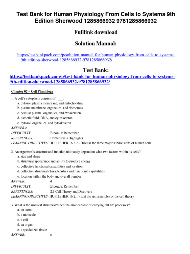 Test Bank For Human Physiology From Cells To Systems 9th Edition ...