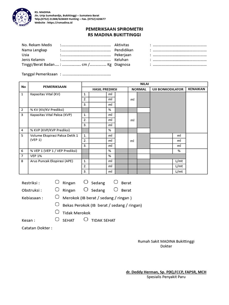 Pemeriksaan Spirometri Rs Madina DR Deddy Herman | PDF