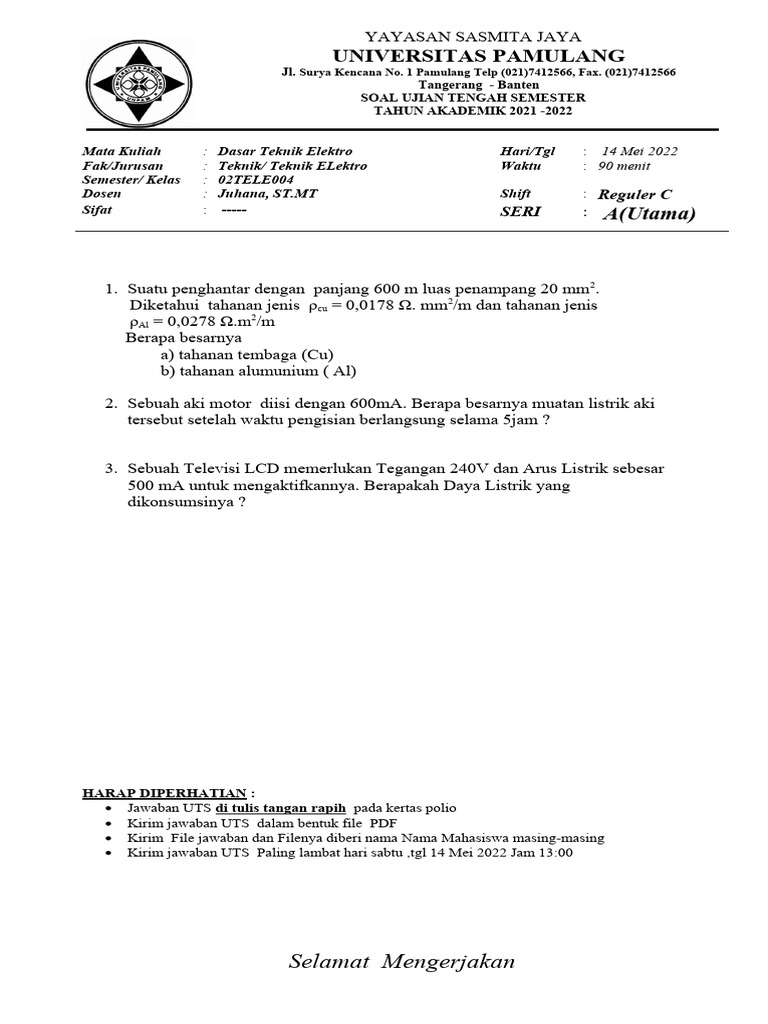 Soal UTS - Dasar Teknik Elektro 02TELE004 Mei 2022 | PDF