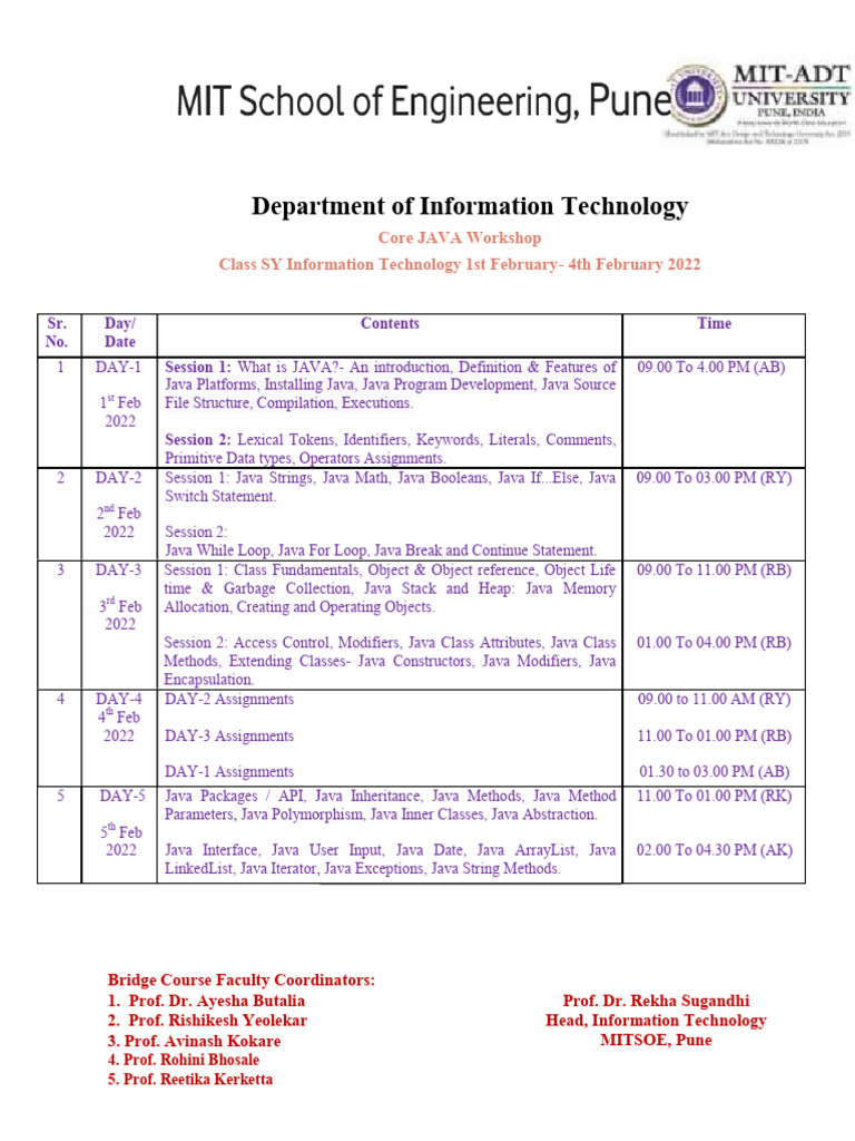 Java Bridge Course Contents And Schedule Pdf Java Programming Language Class Computer