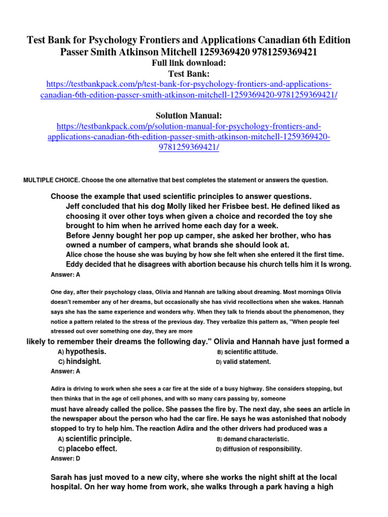 Test Bank For Psychology Frontiers and Applications Canadian 6th ...