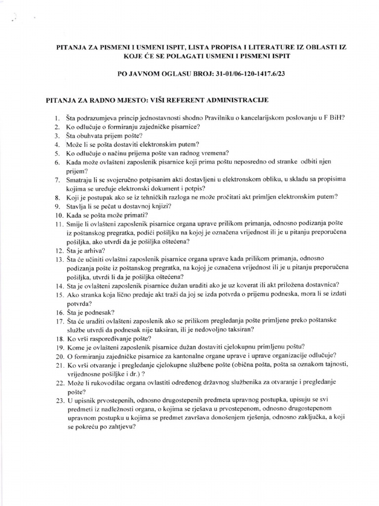Pitanja Za Pismeni I Usmeni Ispit I Lista Propisa Za Radno Mjesto-Visi Referent Administracije | PDF