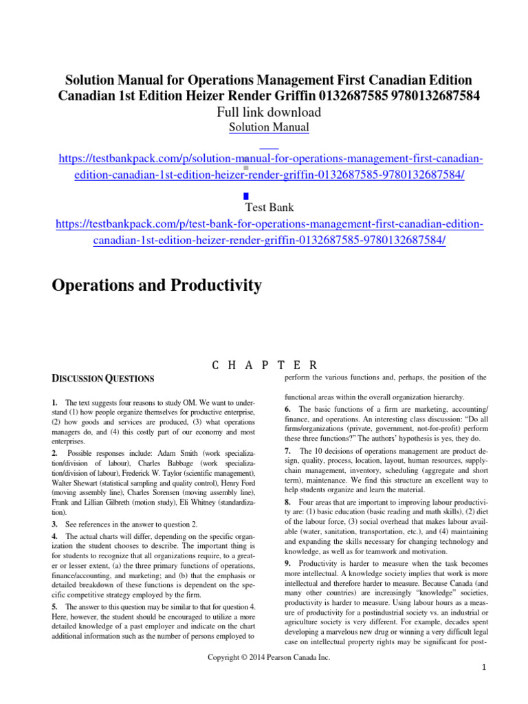 Solution Manual For Operations Management First Canadian Edition Canadian 1st Edition Heizer