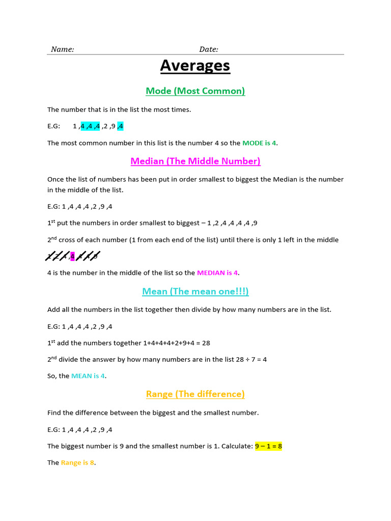 Averages Worksheet Updated TY | PDF