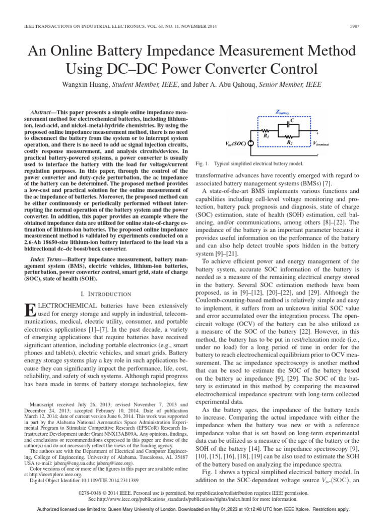 An Online Battery Impedance Measurement Method Using DCDC Power ...