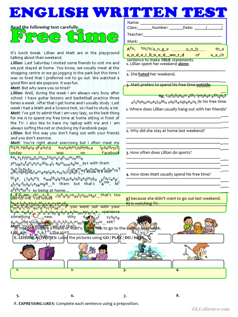 Free Time Activities for A2 Learners | PDF | Linguistics