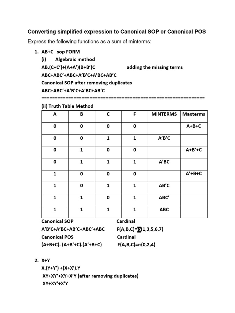 Technique For Converting SOP and POS To Canonical Forms Lesson 6 | PDF