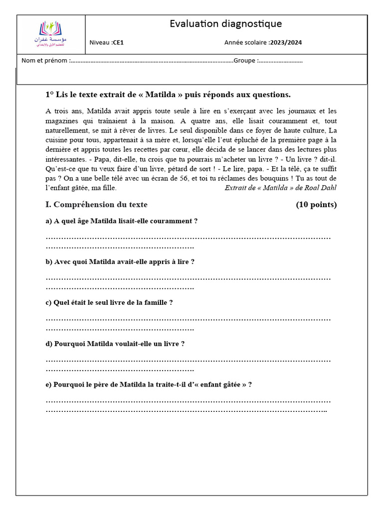 Evaluation Diagnostique CE1 | PDF