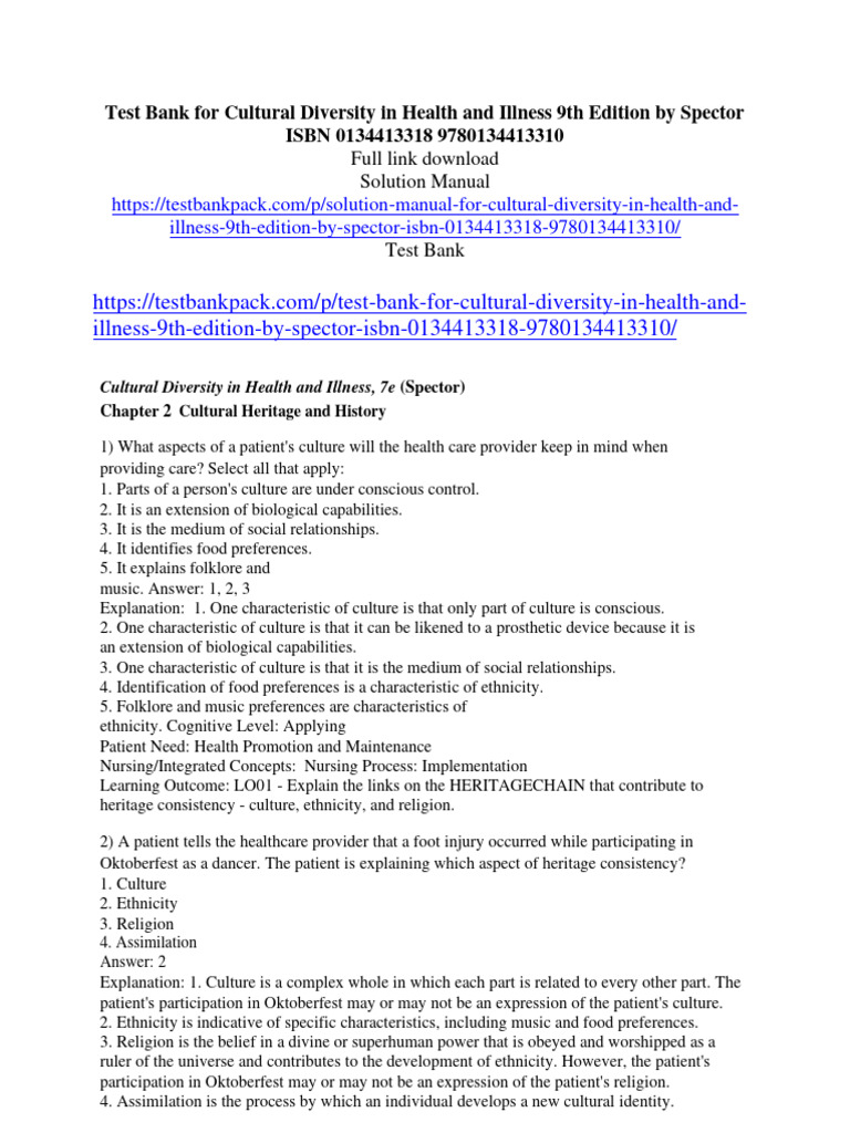 Test Bank For Cultural Diversity in Health and Illness 9th Edition by ...